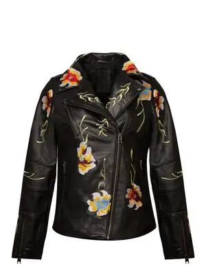 ZASTASTUDIO Floral Embroidered Leather Jacket - Black