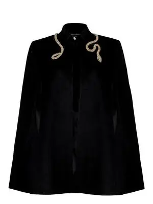 LAINES LONDON Couture Wool Blend Cape With Embellished Wrap - Black