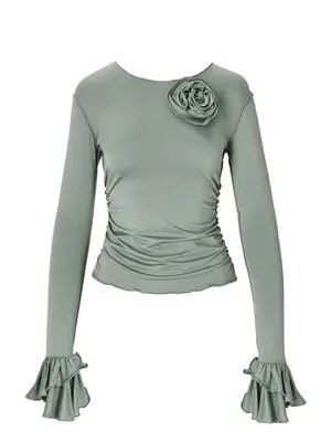 MANDRAGORA Long-sleeve Blouse With Ruffles And Rose Detail - Green