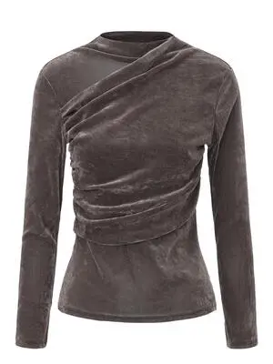 FRONT ROW SHOP Velvet Mesh Asymmetric Draped Top - Grey