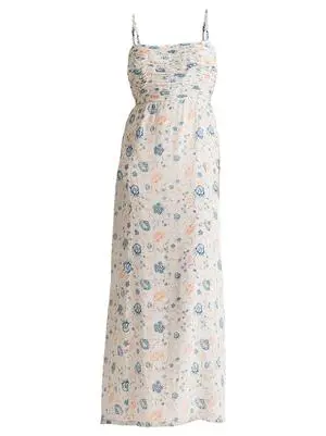 REISTOR Ruched Floral Strappy Maxi Dress - Blue/white