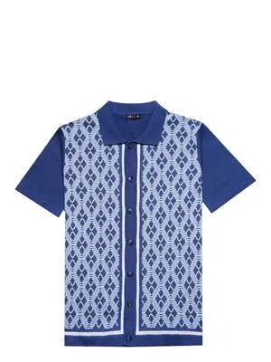 EIGHT X Blue / White Diamond Weave Knit Polo Shirt Blue - Blue/white