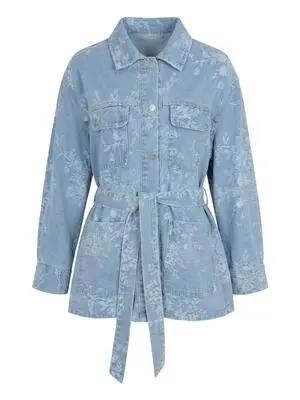 MODENAIRE Floral Jacquard Denim Jacket With Belt - Blue