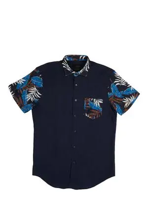 EIGHT X Navy Linen Short Sleeve Shirt With Botanical Print - Blue