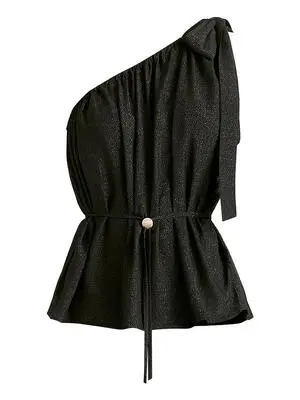 PAISIE Sparkled One-shoulder Bow Top - Black