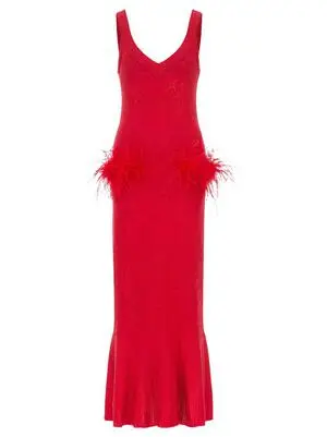 ANDREEVA Knit Dress With Ostrich Feather Detail - Red
