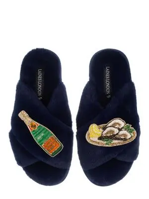 LAINES LONDON Laines London Classic Slippers With Oyster And Champagne Brooch Blue