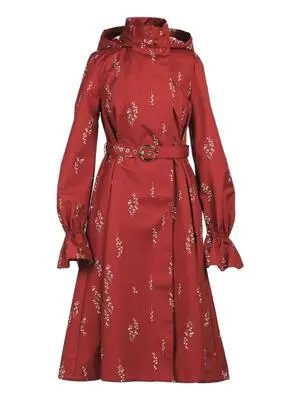 RAINSISTERS Floral Print Belted Waterproof Spring Coat - Red