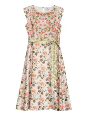 NIZA Printed Midi Dress With Floral Embroidery And Belt - Brown