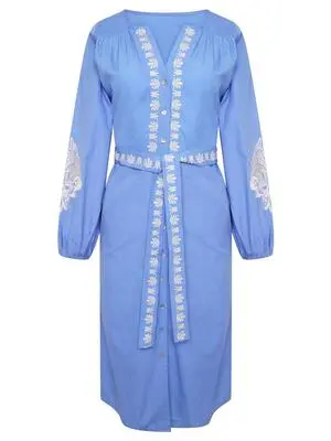 LATELIER LONDON Embroidered Midi Shirt Dress - Blue