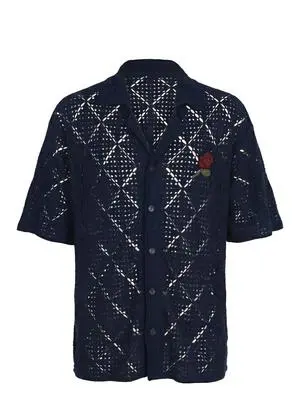 MODENAIRE Open Knit Short Sleeve Shirt With Floral Embroidered Detail - Blue