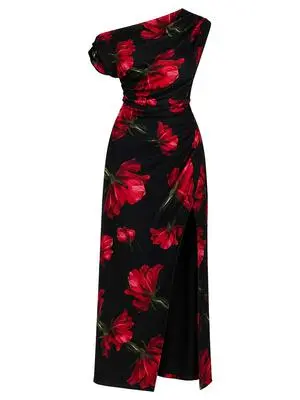 GIRL IN MIND Ariana Asymmetric Floral Midi Dress - Red