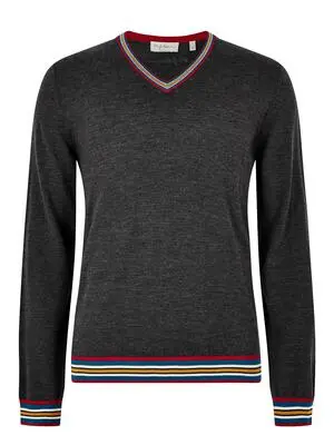 MG RIVERS Extra-fine Merino & Silk V-neck Sweater With Striped Trim - Grey