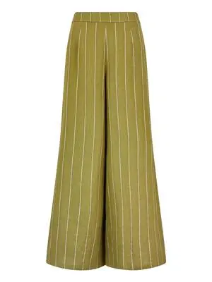 TRAFFIC PEOPLE Linen Blend Striped Wide Leg Trousers - Green/white