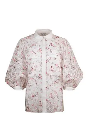 HELENE GALWAS Floral Sheer Blouse With Balloon Sleeves - White/pink