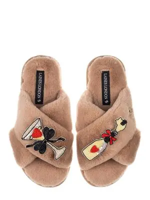 LAINES LONDON Classic Slippers With Champagne Brooches - Brown