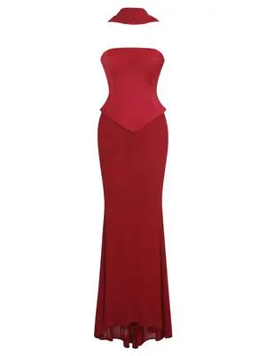 MISS CIRCLE NEW YORK Giselle Peplum Mermaid Gown With Chiffon Scarf - Red