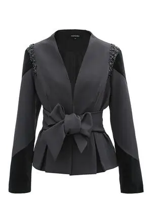 SMART AND JOY Bi-material Blazer With Embroideries And Knotted Belt - Black