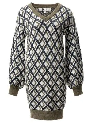 FULLY FASHIONING Diamond Jacquard Knit Tunic Dress - Green