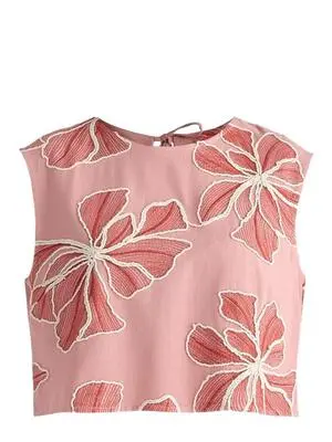 PAISIE Floral Embroidered Linen-viscose Cropped Top - Pink