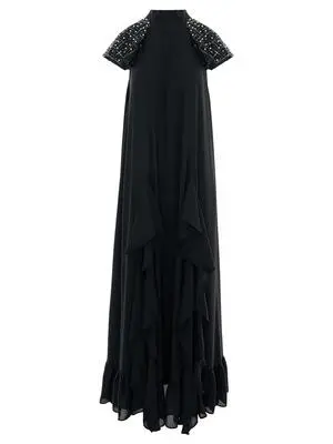 CONCEPT A TROIS Long Dress With Cascading Slits And Ruffles - Black
