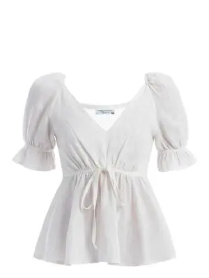 HARIS COTTON Linen Peplum Top With Puff Sleeves