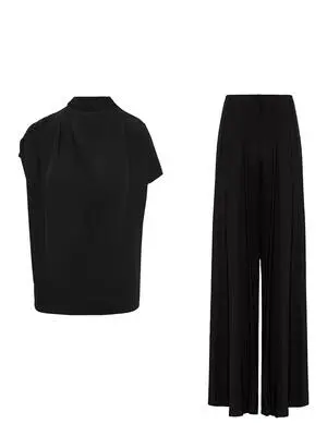 BLUZAT Draped Top And Pleated Pants Set - Black