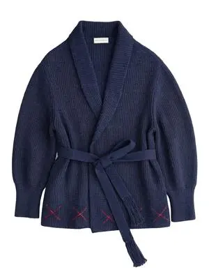 REN CORDEZA Hand Embroidered Shawl Collar Knit Cardigan - Blue
