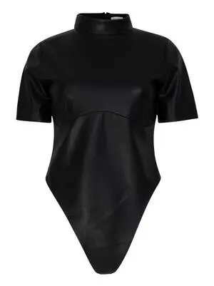 CIRCULAR PATH High Neck Vegan Leather Bodysuit - Black