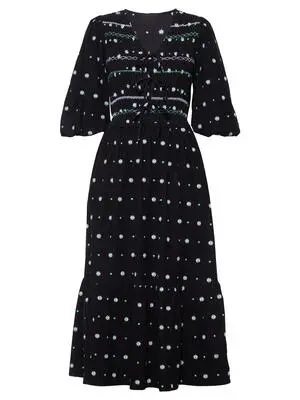 ROSE & NANCY Embroidered Cord Polka Dot Maxi Dress - Black