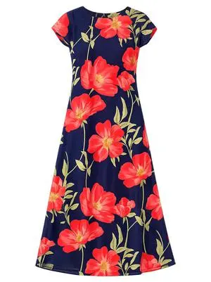 YUMI Navy Poppy Print Midi Dress - Blue