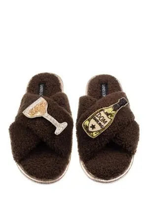 LAINES LONDON Boucle Slippers With Champagne Brooches - Brown