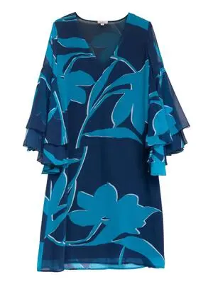 NIZA Long Sleeve Tropical Floral Print Midi Dress - Blue
