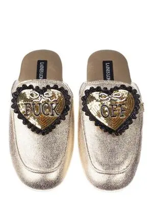 LAINES LONDON Classic Mules With Heart Brooches - Gold