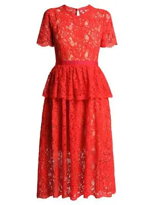 RUMOUR LONDON Lucia Lace Peplum Midi Dress - Red