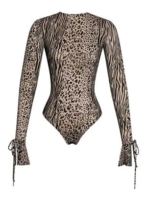 MISS CIRCLE NEW YORK Animal Print Burnout Velvet Bodysuit - Brown