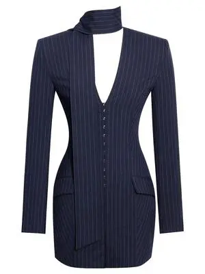 MISS CIRCLE NEW YORK Pinstripe Blazer Dress With Scarf Collar - Blue