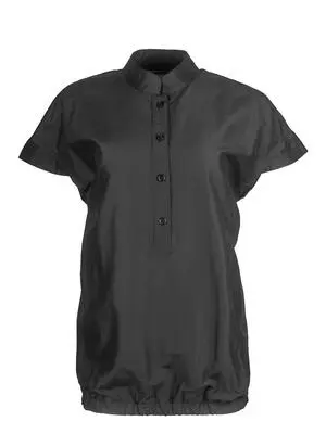 HELENE GALWAS Fee Blouse Band Collar Short Sleeve Cotton Top - Black