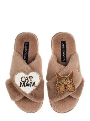 LAINES LONDON Classic Slippers With Cat Brooches - Brown