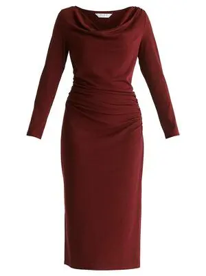PAISIE Ruched Jersey Dress With Draped Neck - Red