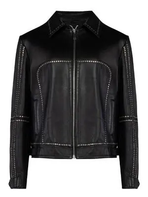 PCFG Printed Leather Jacket With Metal Rivet Details - Black
