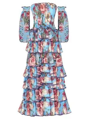 NUR KARAATA Rosa Blu Floral Maxi Dress - Blue