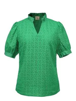 SMART AND JOY Eyelet Cotton Lace Blouse - Green