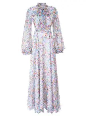 SOFIA TSERETELI Long Chiffon Dress In Watercolor Print - White