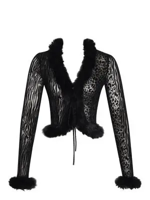 MISS CIRCLE NEW YORK Animal Print Velvet Top With Fur Trim - Black