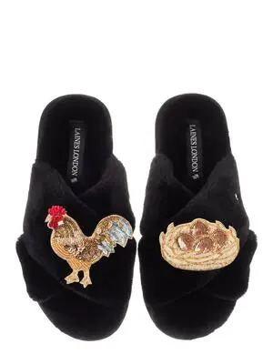 LAINES LONDON Laines London Classic Faux Fur Cross Strap Slippers With Rooster And Nest Of Eggs Brooches Black