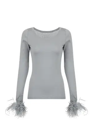 ANDREEVA Andreeva Long Sleeve Knit Top With Feather Trim