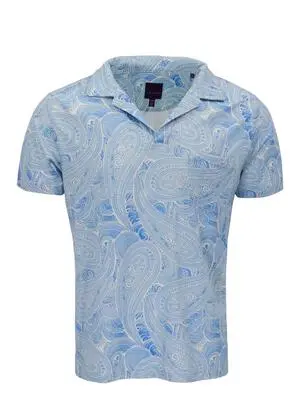 LORDS OF HARLECH Bobby Marakesh Paisley Teal Wool Johnny Collar Polo - Blue