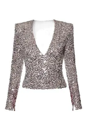 AGGI BY HALEWSKI Sequin Embellished Long Sleeve Top - Silver