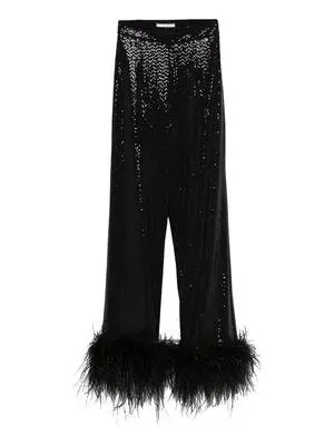 NISSA Feather-trimmed Sequin Culottes - Black